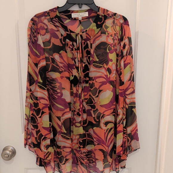 Trina Turk | Tops | Trina Turk Multicolor Sheer Silk Blouse Tunic ...